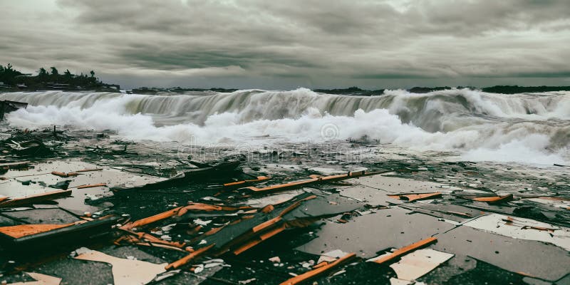 The Aftermath of a Powerful Tsunami with Debris Scattered Across a ...