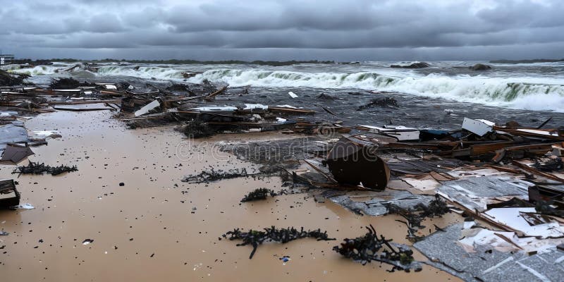 The Aftermath of a Powerful Tsunami with Debris Scattered Across a ...