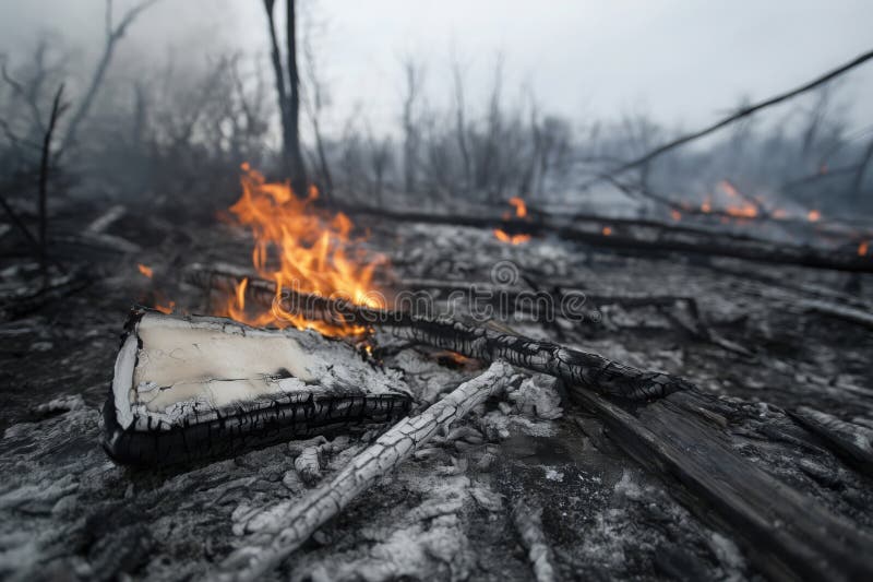Aftermath of Wildfire: Charred Remnants of a Forest Fire, with Burning ...