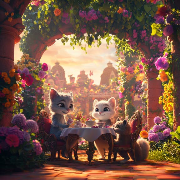 Afternoon Tea in a Bright Garden is Enjoyed by a Fox and a Squirrel Stock Image - Image of chair ...