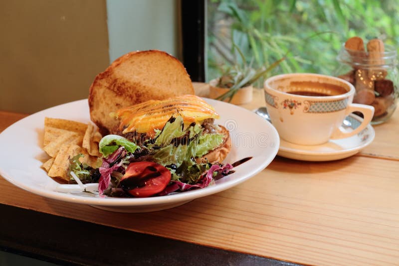 Afternoon Tea of Burger with Coffee Stock Photo - Image of meal ...