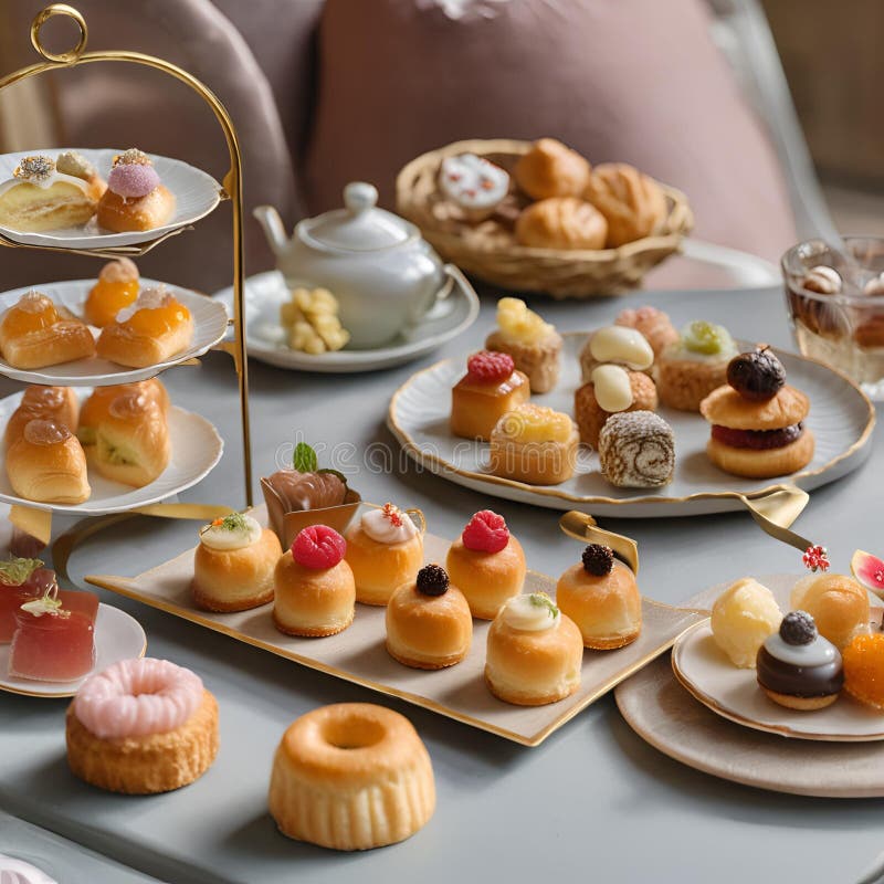 Afternoon Tea with Mini Brioche Canapes and Selection of Sweets Stock ...