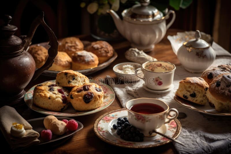 An Afternoon Tea Party, with Scones and Muffins Served on Delicate ...