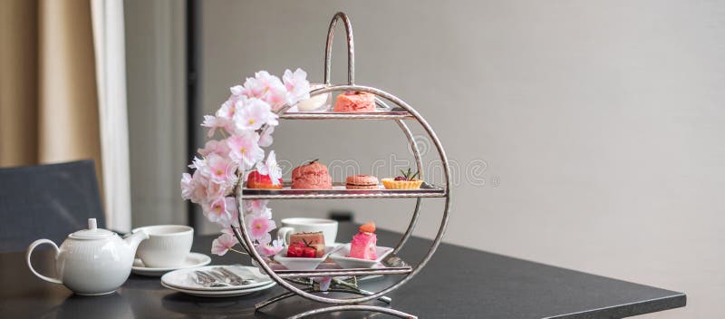 Afternoon Tea Set and Pink Dessert at Luxury Hotel Stock Image - Image ...