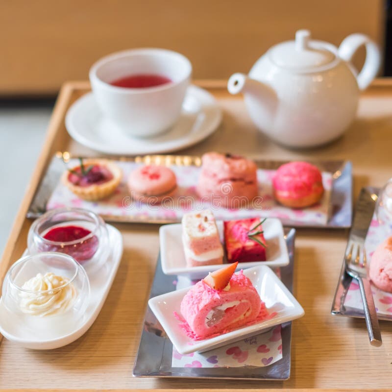Afternoon Tea Set and Pink Dessert at Luxury Hotel Stock Image - Image ...