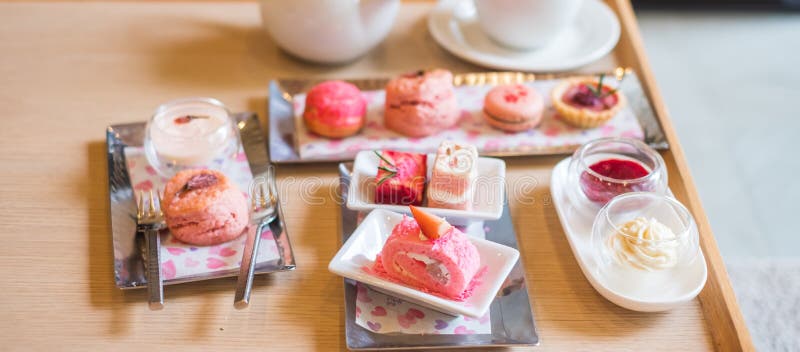 Afternoon Tea Set and Pink Dessert at Luxury Hotel Stock Photo - Image ...