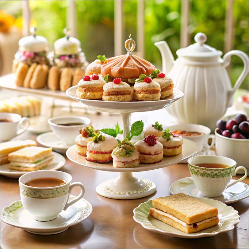 Afternoon Tea Setup with Teapots, Cakes, and Finger Sandwiches Stock ...