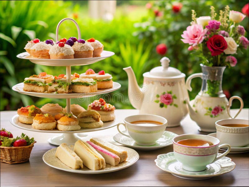 Afternoon Tea Setup with Teapots, Cakes, and Finger Sandwiches Stock ...