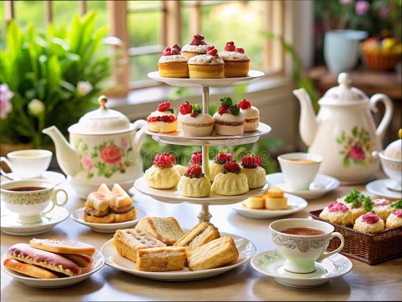 Afternoon Tea Setup with Teapots, Cakes, and Finger Sandwiches Stock ...