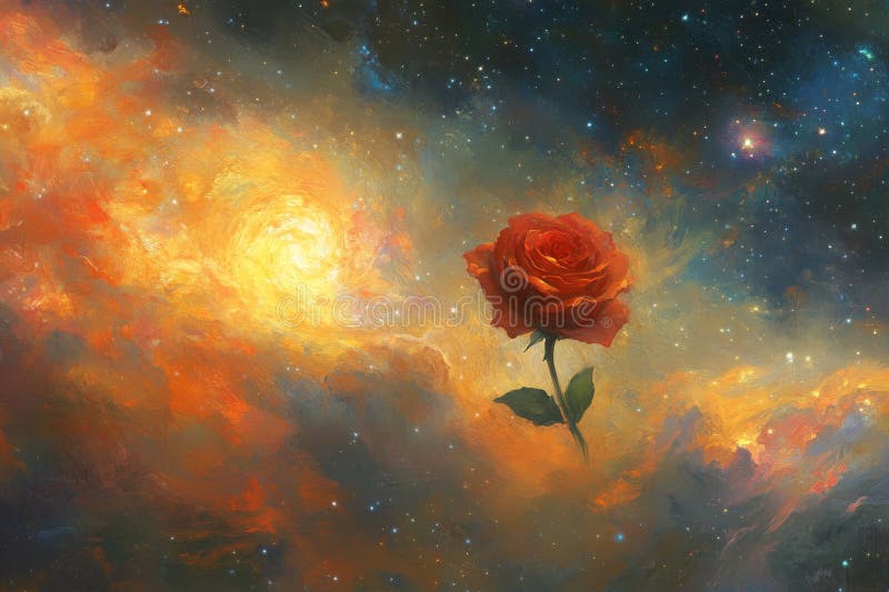 Against the Backdrop of a Cosmic Nebula, a Single Red Rose Blooms Stock ...