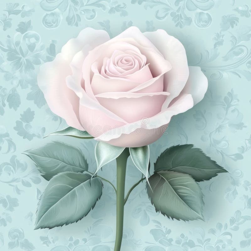 Against a Backdrop of a Floral Pattern, a Single Pale Pink Rose Blooms ...