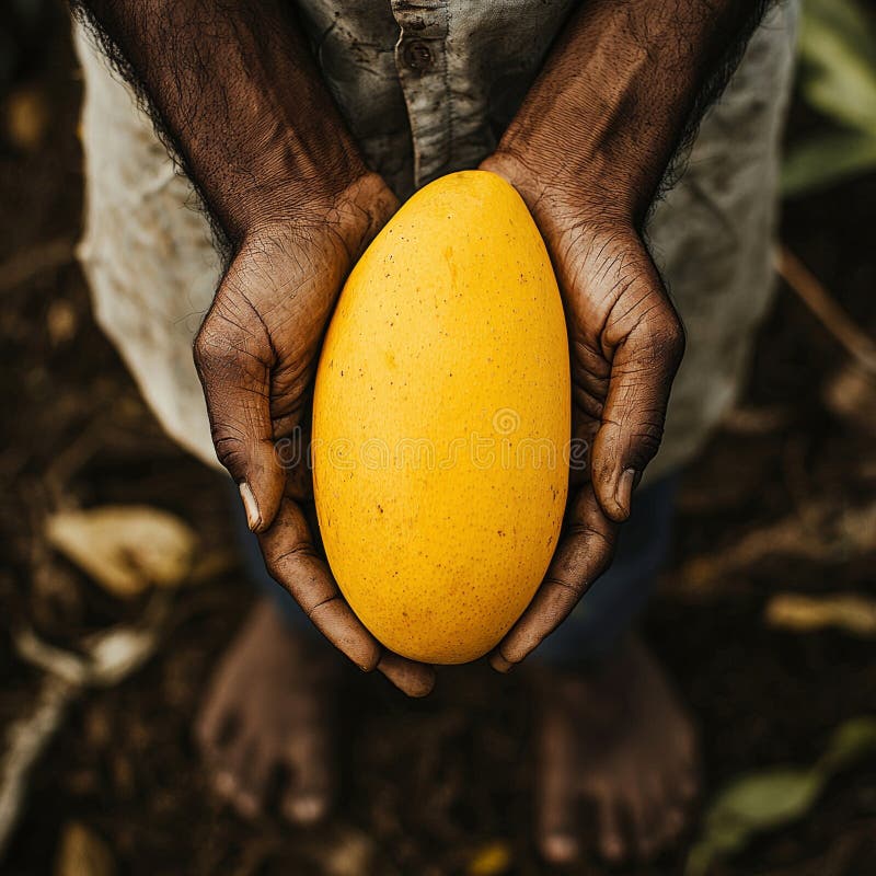 Against the Backdrop of Greenery, a Person Holds a Ripe Mango. Stock ...