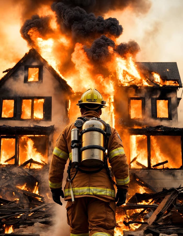 Firefighter Facing a Raging House Fire Stock Illustration ...