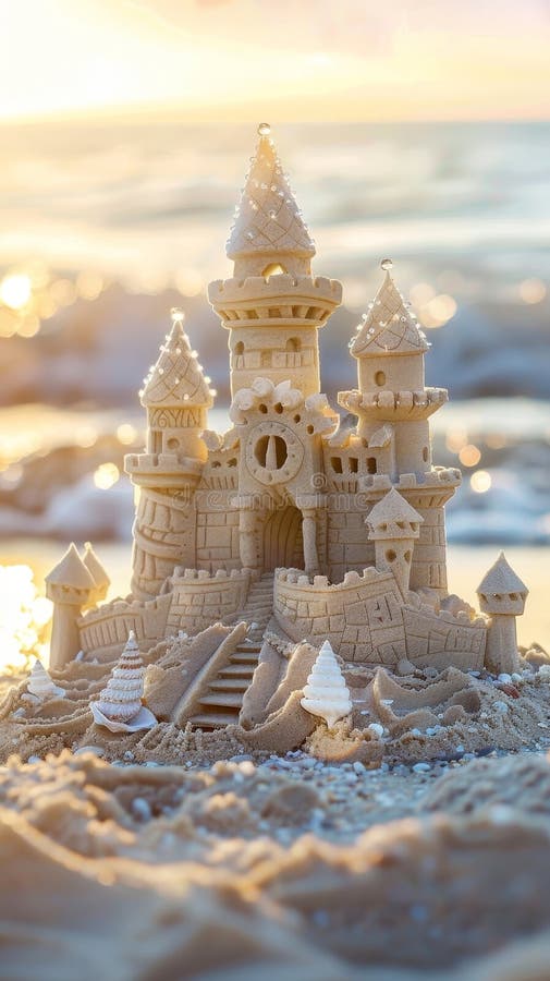 Against the Backdrop of a Setting Sun, a Complex Sandcastle Decorated ...