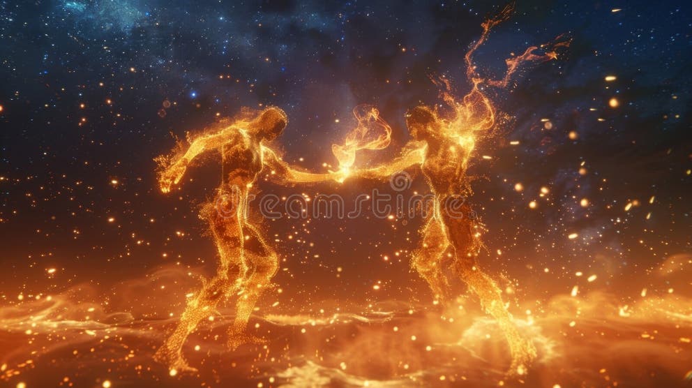 Against the Backdrop of a Starry Sky Two Celestial Beings Perform a Captivating Dance of Fire ...