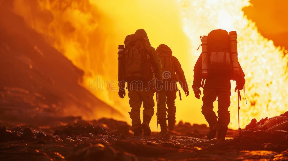 Against a Backdrop of Towering Cliffs and Bubbling Lava a Trio of ...