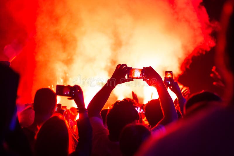 People at a Concert Shoot a Fire Show on the Phone Editorial ...