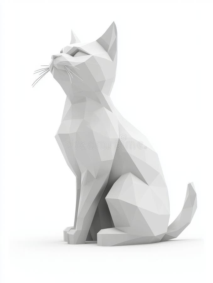 Against a Blank Background, a Whimsical Low-poly Cat Figure Poses in a ...