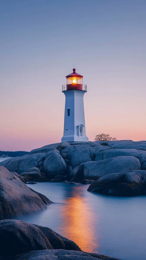 Against a Bright Orange Sunset, a Lighthouse Rises High, Casting Its ...