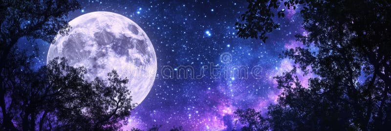 Against a Clear Blue Sky, a Full Moon Rises Above the Trees ...