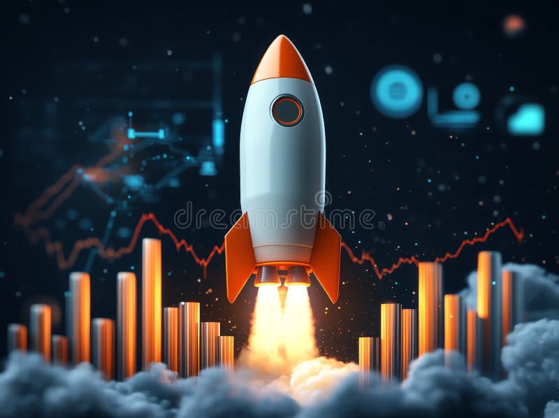 Against a Dark Backdrop, a Lively Neon Rocket Soars from an Illuminated ...