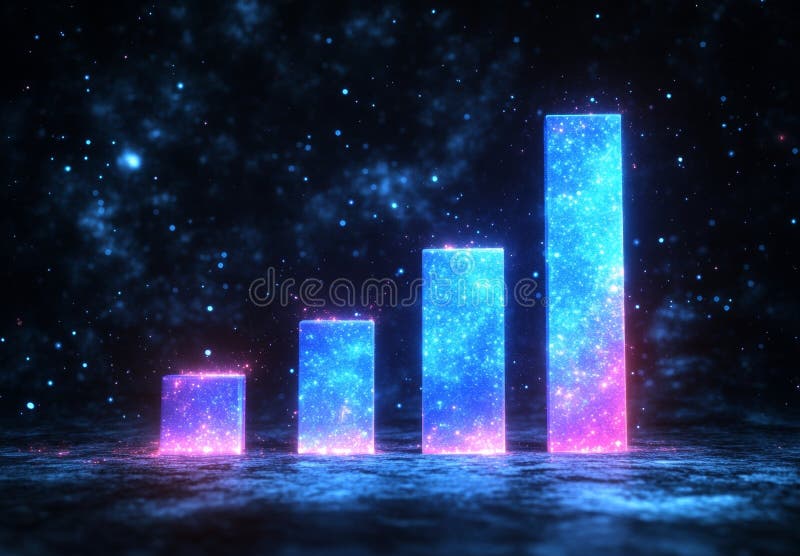 Against a Dark Background, a Bar Chart Radiating Blue Neon Light Rises ...