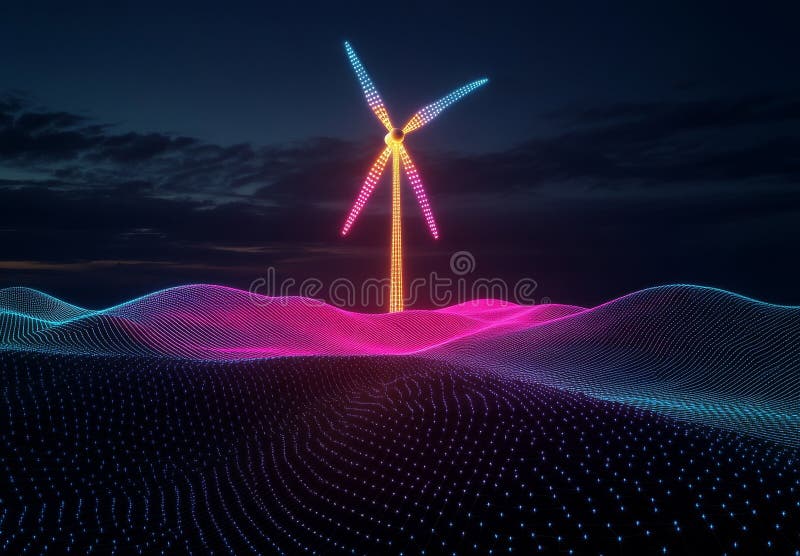 Against a Dark Sky, an Illustration of a Stylized Wind Turbine with ...