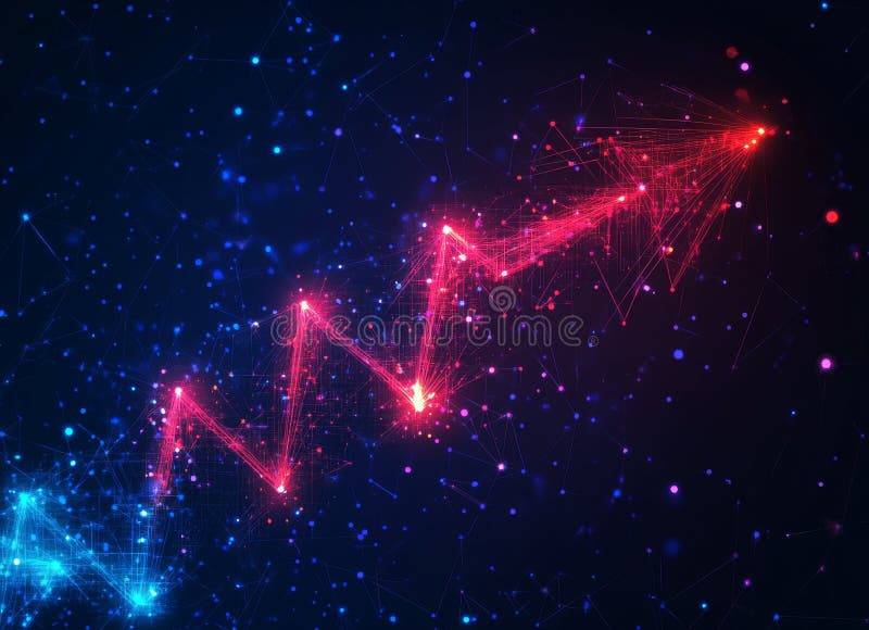 Against a Deep Blue Background, Luminous Blue Arrows Rise Along a ...