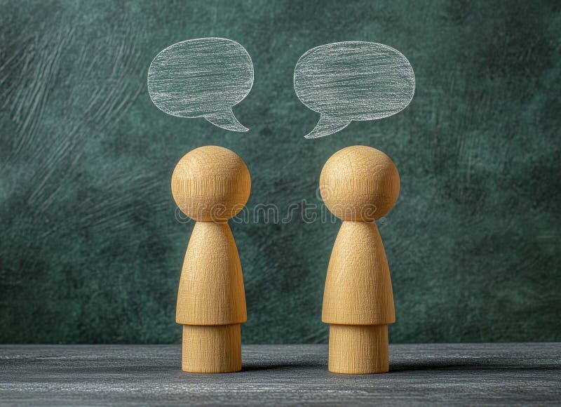 Against a Green Backdrop, Two Wooden Figures are Shown in Conversation ...