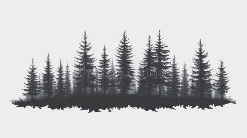 Against a Pure White Backdrop, a Forest of Stylized Black Pine Trees ...