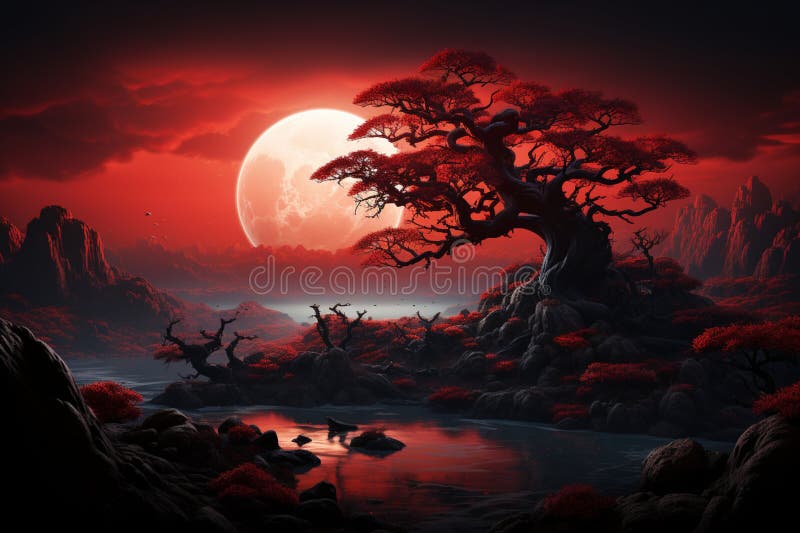 Against the Ruby-hued Moon, an Aged Tree Silhouette Adorns the Scenery ...