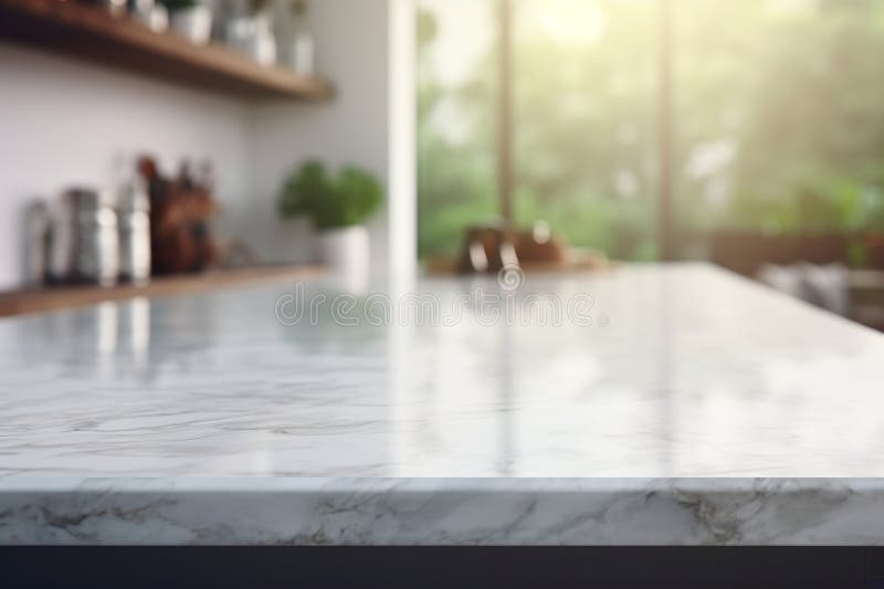 Against a Softly Defocused Kitchen Backdrop, a Marble Counter Table Top ...