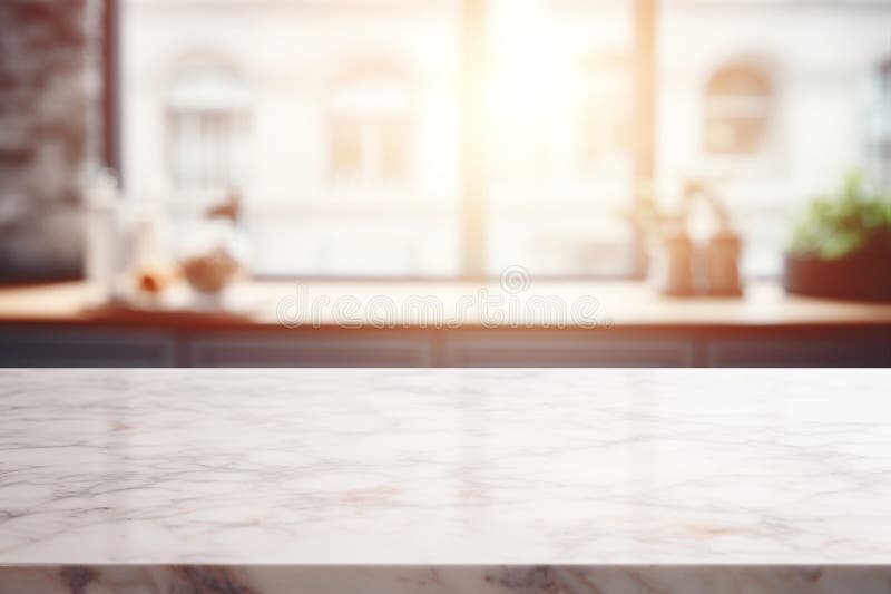 Against a Softly Defocused Kitchen Backdrop, a Marble Counter Table Top ...