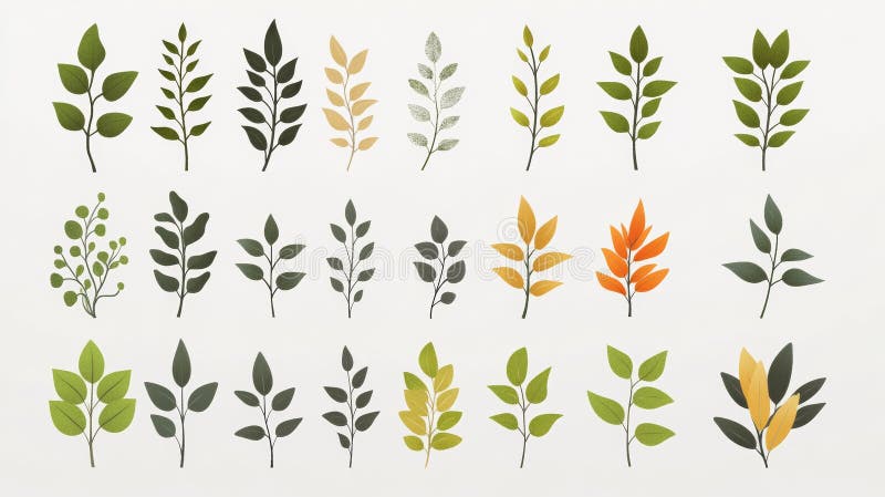 Against a Solid Black Background, Ten Illustrated Leaf Sprigs of ...