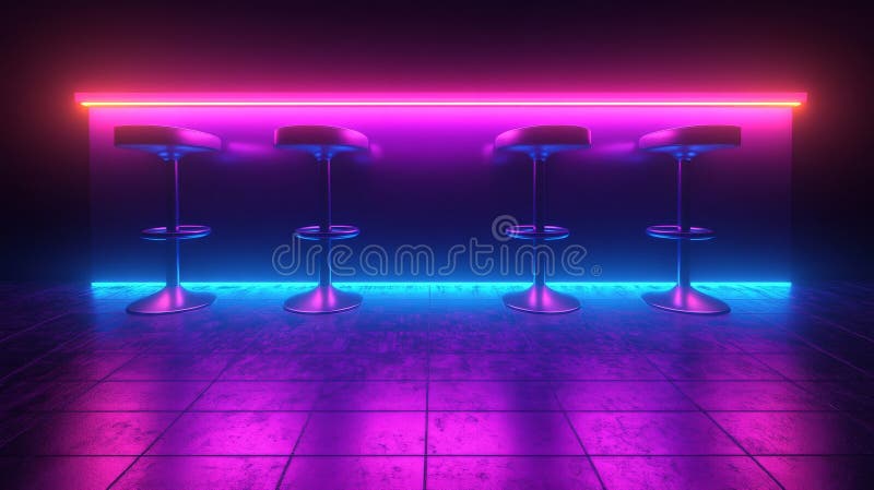 Against a Stark Black Background, a Neon-lit Bar with Four Stools ...