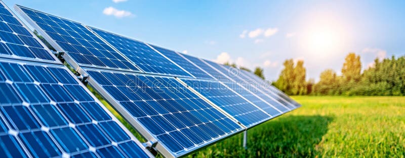 Against a Sunset Backdrop, Solar Panels Reflect Sunlight, Capturing ...