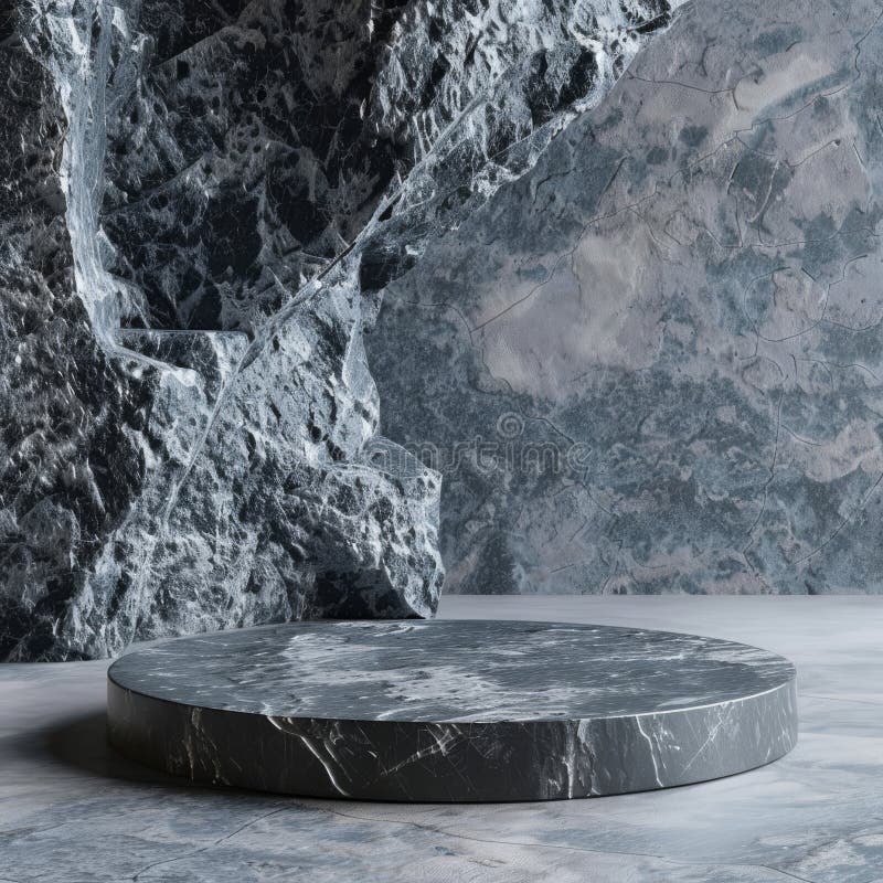 Against a Textured Marble Backdrop, a Minimalist Black Marble Podium ...