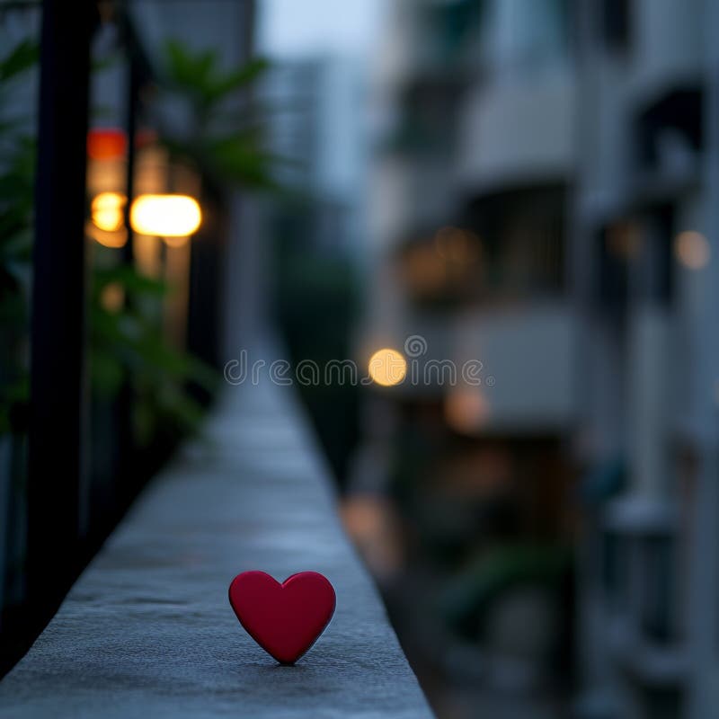 Against the Urban Scenery, a Concrete Table Holds a Red Heart Stock ...