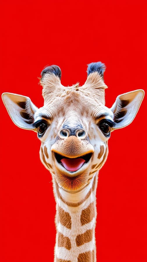 Against a Vibrant Red Background, a Giraffe is Shown with Large ...