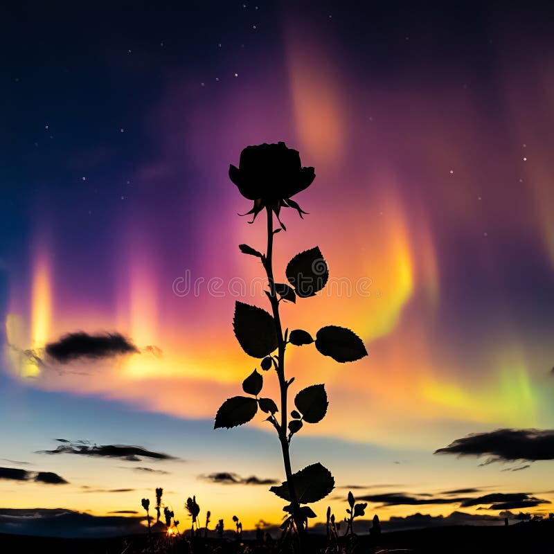 Against the Vivid Aurora Borealis, a Rose Silhouette is Prominently ...
