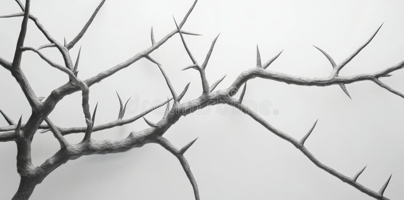 Against a White Backdrop, a Spiny Branch with Sharp Thorns is Presented ...