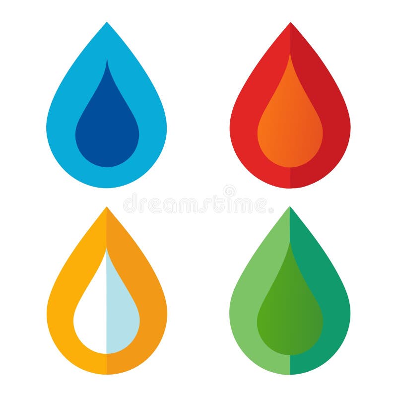 There are Four Water Drops in Different Colors Placed on a White ...