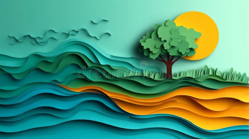 Against a White Background, a Stylized Tree Towers Over Blue and Orange ...