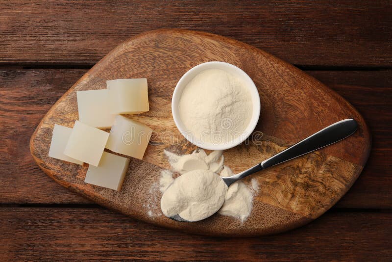 Agar-agar Jelly Cubes and Powder on Wooden Table, Top View Stock Image ...