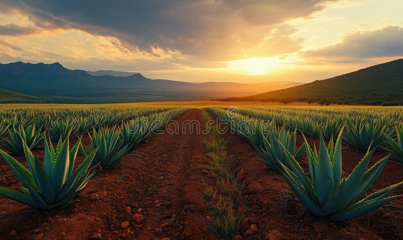 Agave Fields at Sunset with Mountains in Background Showcasing Natural ...
