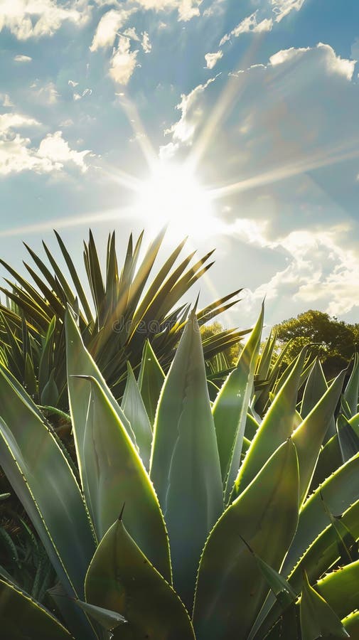 Agave Plants with Sun Flare and Bright Sky Stock Image - Image of ...