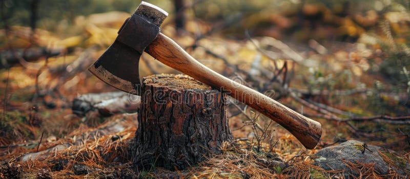 Old Axe Embedded in Tree Stump Stock Photo - Image of equipment ...