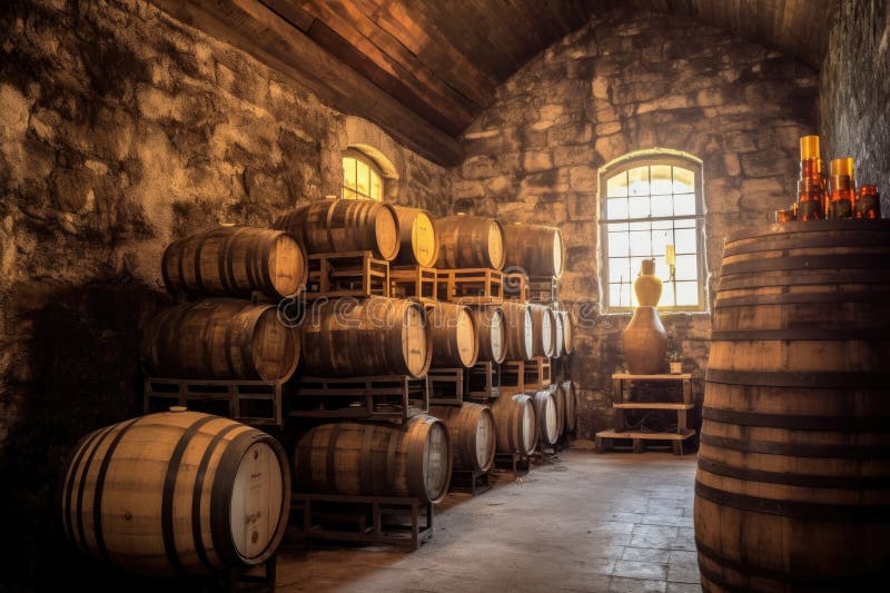 Aged Barrels Stacked in a Rustic Whiskey Distillery Stock Illustration ...