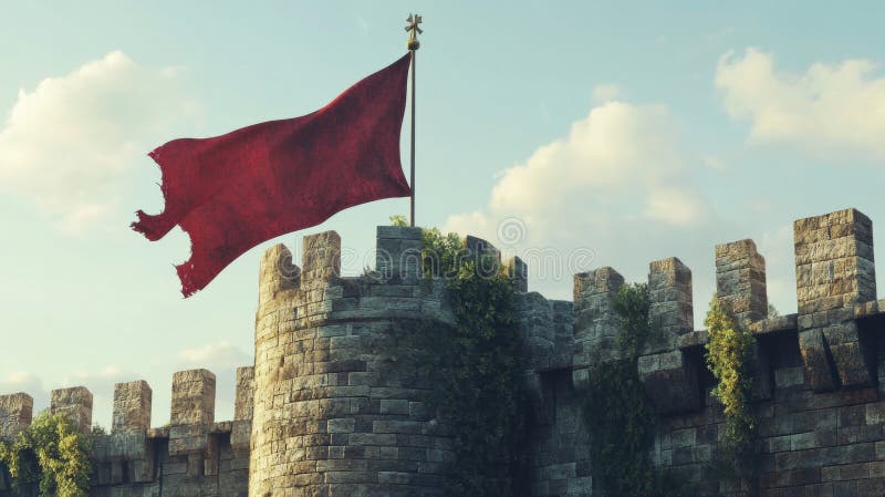Aged Battle Standard Waving in the Wind Atop a Medieval Fortress Stock ...