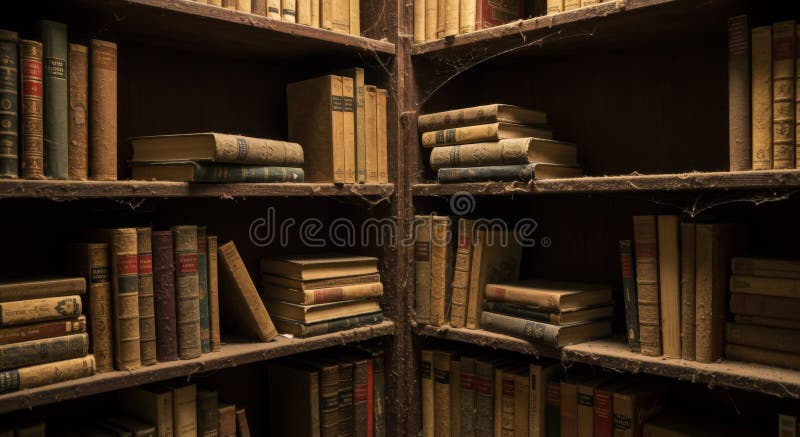 Aged Books on Dusty Shelves in Dark Library Corner Stock Illustration ...
